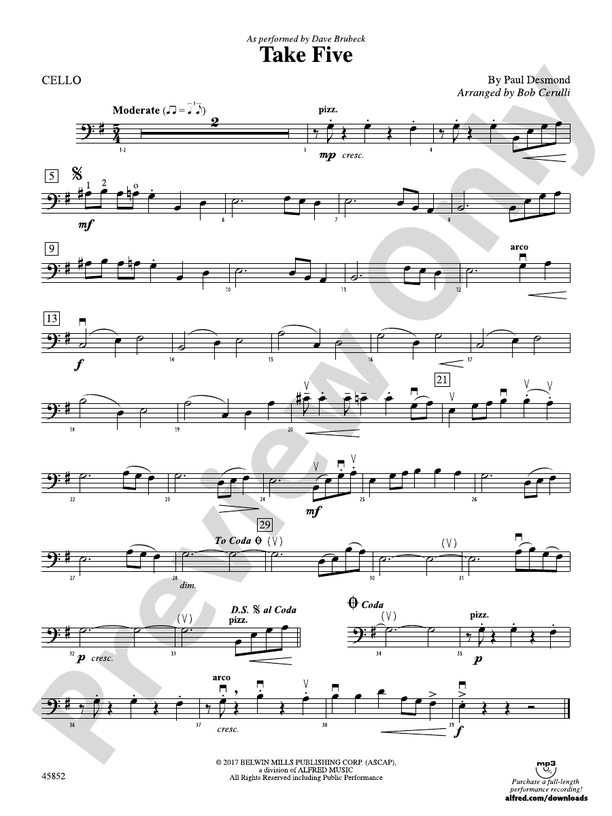 Take Five: Cello: Cello Part - Digital Sheet Music Download