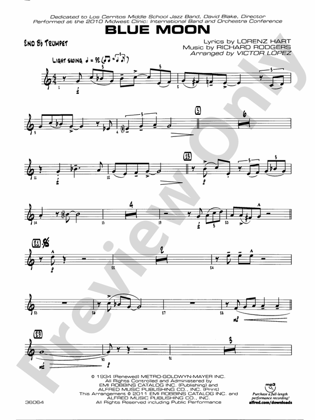 Blue Moon: 2nd B-flat Trumpet: 2nd B-flat Trumpet Part - Digital Sheet ...