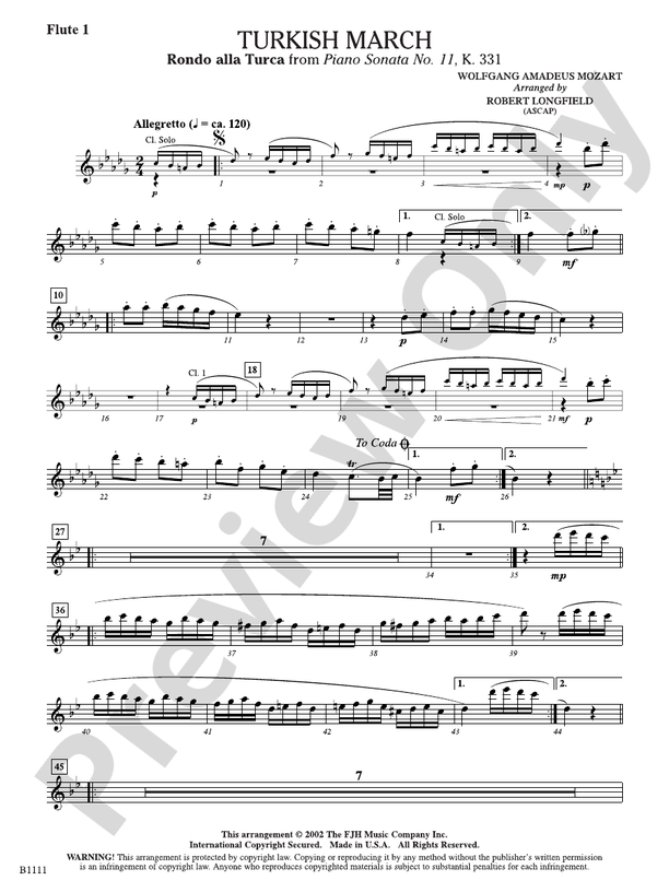 Turkish March (Rondo alla Turca): Flute 1: Flute 1 Part: Wolfgang ...