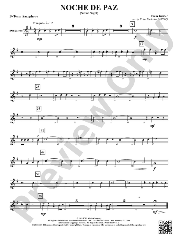 Noche de Paz - Silent Night: B-flat Tenor Saxophone: B-flat Tenor ...