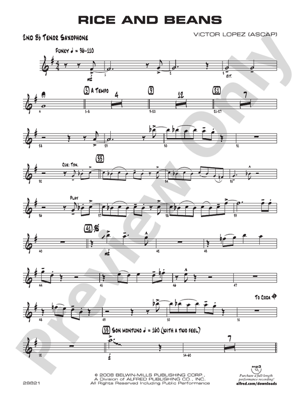 Rice and Beans: 2nd B-flat Tenor Saxophone: 2nd B-flat Tenor Saxophone Part - Digital Sheet ...