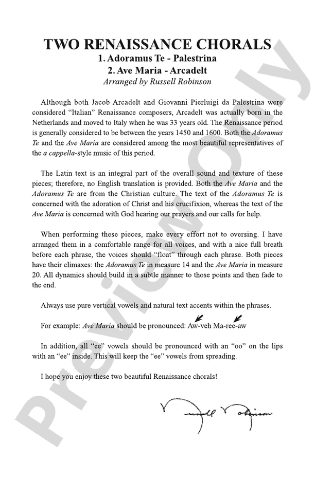 Two Renaissance Chorals (Adoramus Te / Ave Maria): 3-Part Mixed, a cappella Choral Octavo ...