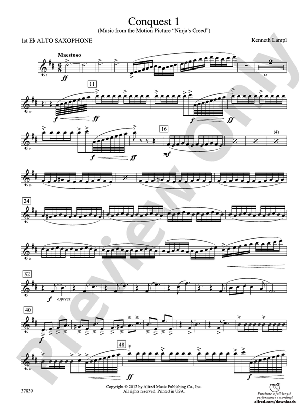 Conquest 1 (from the motion picture Ninja's Creed): E-flat Alto Saxophone: E-flat Alto Saxophone ...