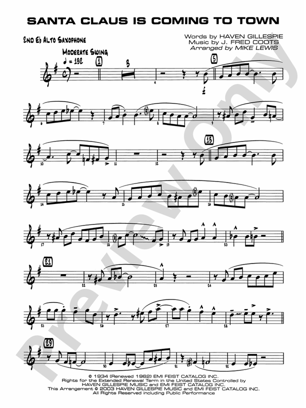 Santa Claus Is Coming to Town: 2nd E-flat Alto Saxophone: 2nd E-flat Alto Saxophone Part ...