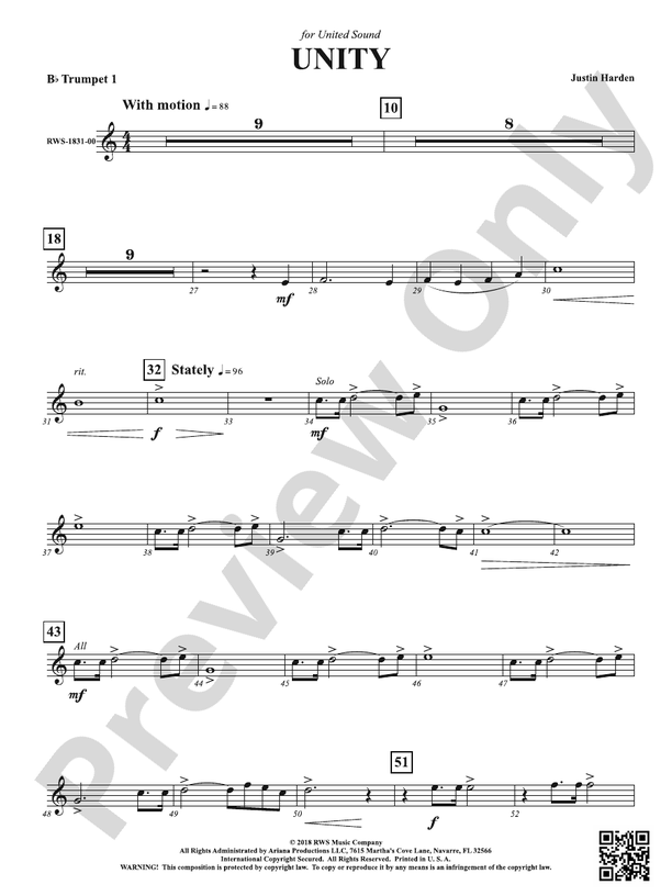Unity: 1st B-flat Trumpet: 1st B-flat Trumpet Part: Justin Harden - Digital Sheet Music Download