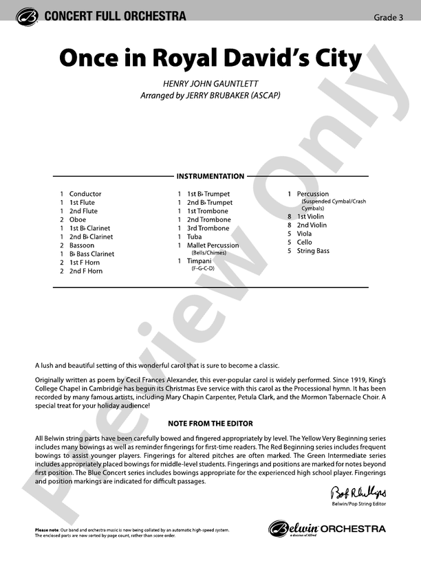 Once in Royal David's City: Full Orchestra Conductor Score & Parts ...
