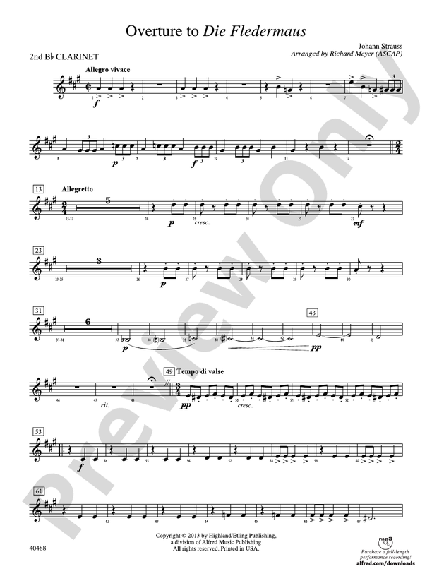 Overture to Die Fledermaus: 2nd B-flat Clarinet: 2nd B-flat Clarinet Part - Digital Sheet Music ...