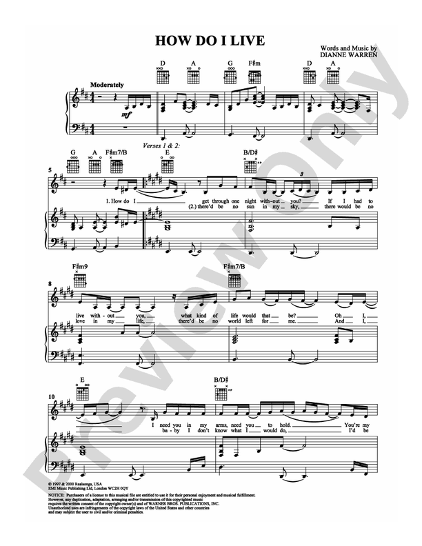 How Do I Live: Piano/Vocal/Chords: Diane Warren - Digital Sheet Music ...