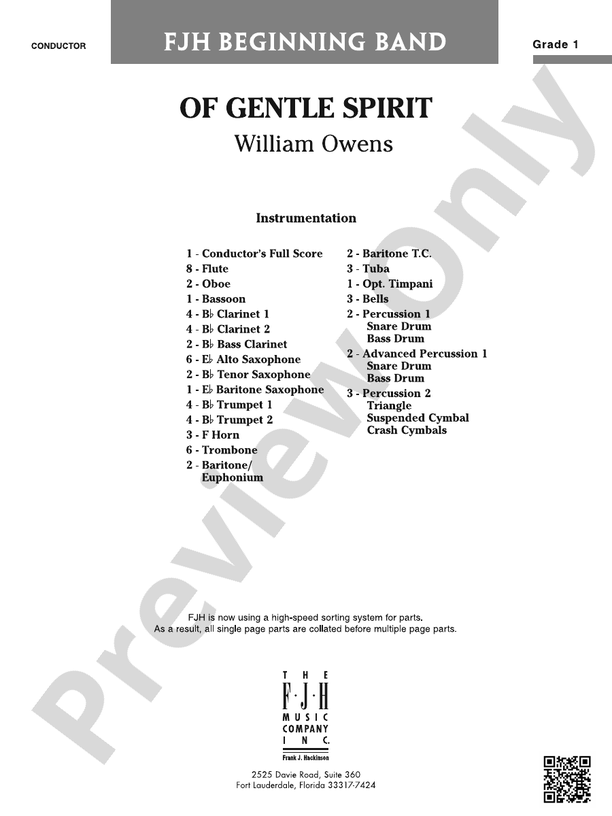 Of Gentle Spirit: Concert Band Conductor Score & Parts: William Owens ...