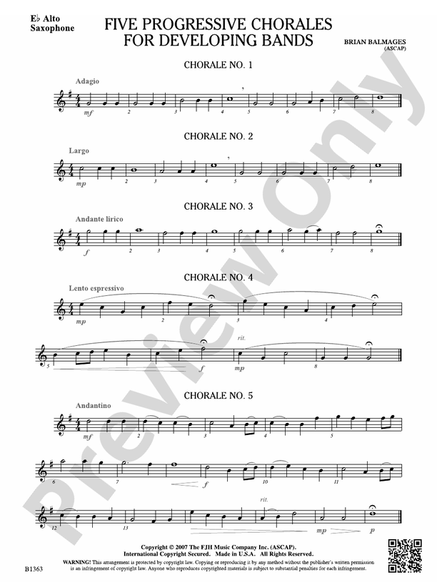 Five Progressive Chorales for Developing Bands: E-flat Alto Saxophone: E-flat Alto Saxophone ...