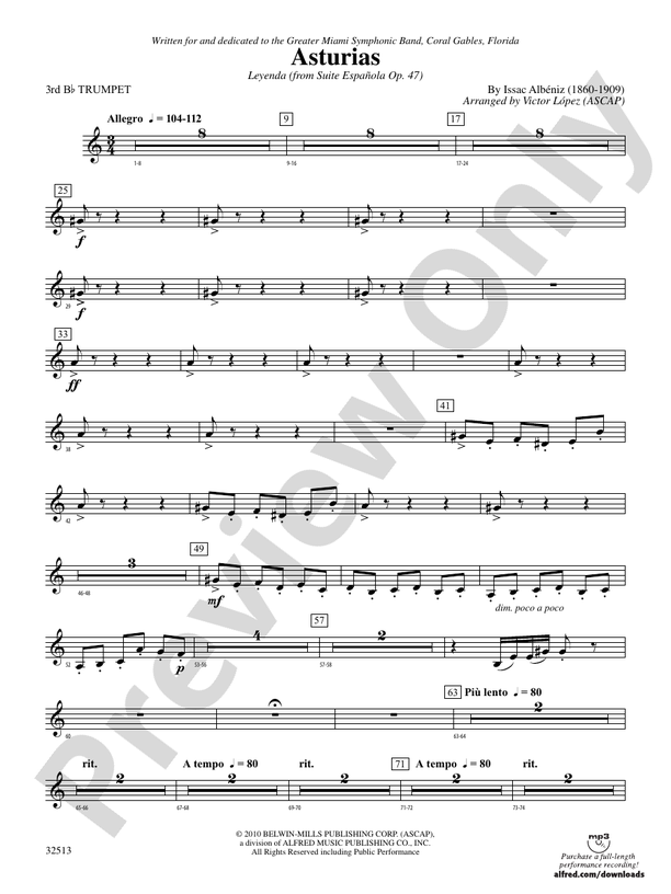Asturias: 3rd B-flat Trumpet: 3rd B-flat Trumpet Part - Digital Sheet Music Download