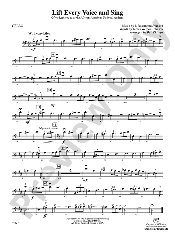 Lift Every Voice and Sing: Cello: Cello Part - Digital Sheet Music Download