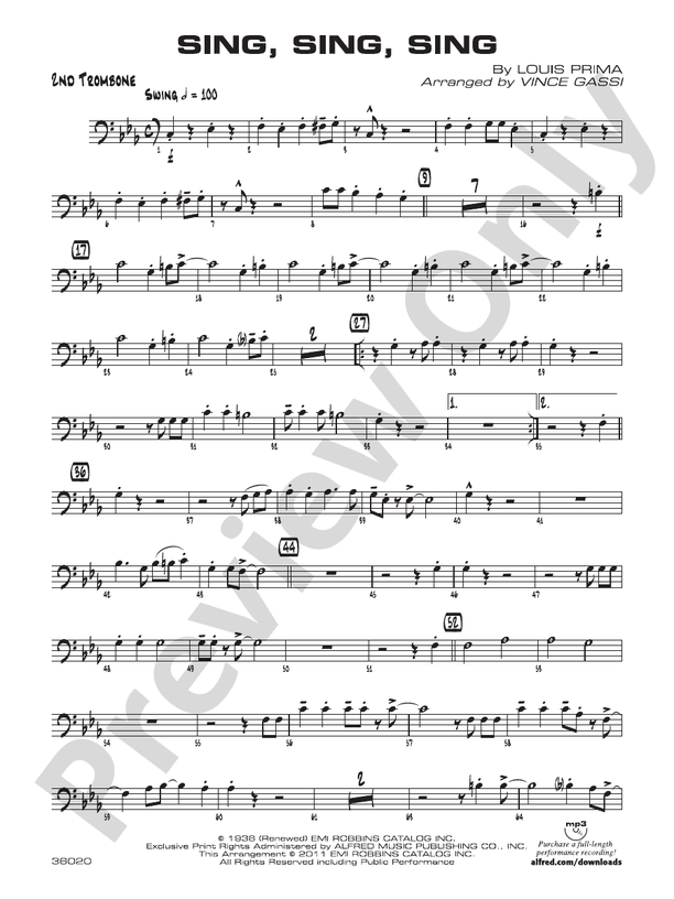 Sing, Sing, Sing: 2nd Trombone: 2nd Trombone Part - Digital Sheet Music Download