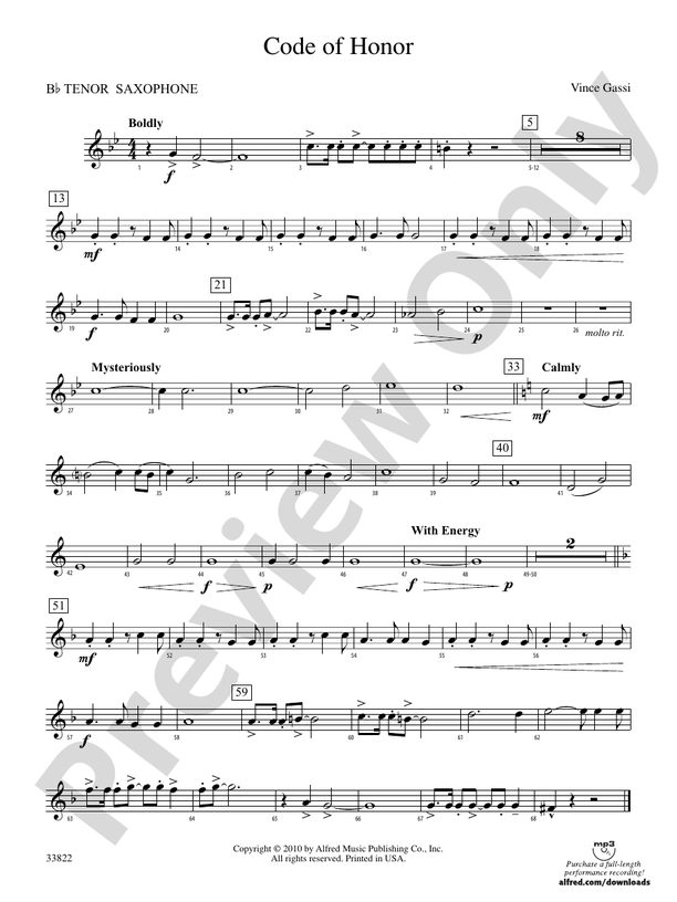 Code of Honor: B-flat Tenor Saxophone: B-flat Tenor Saxophone Part ...