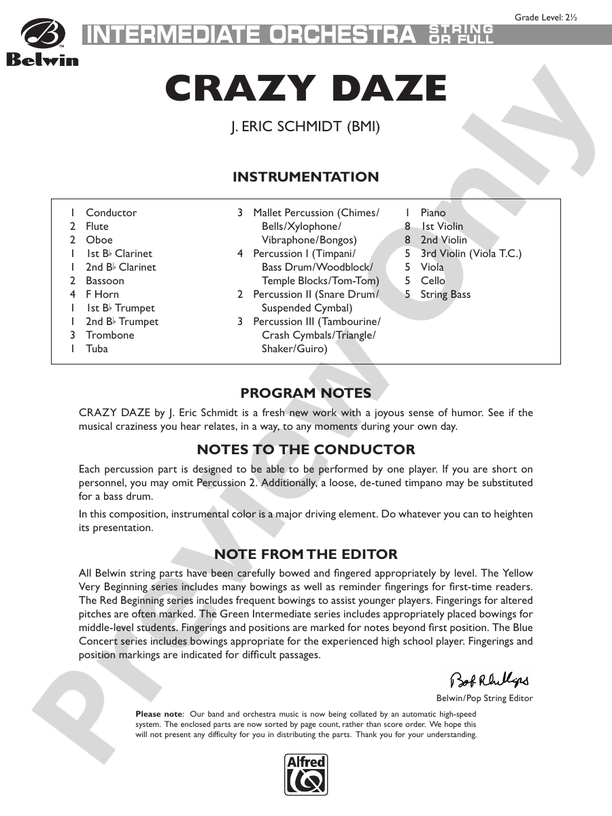Crazy Daze: Full Orchestra Conductor Score & Parts: J. Eric Schmidt ...