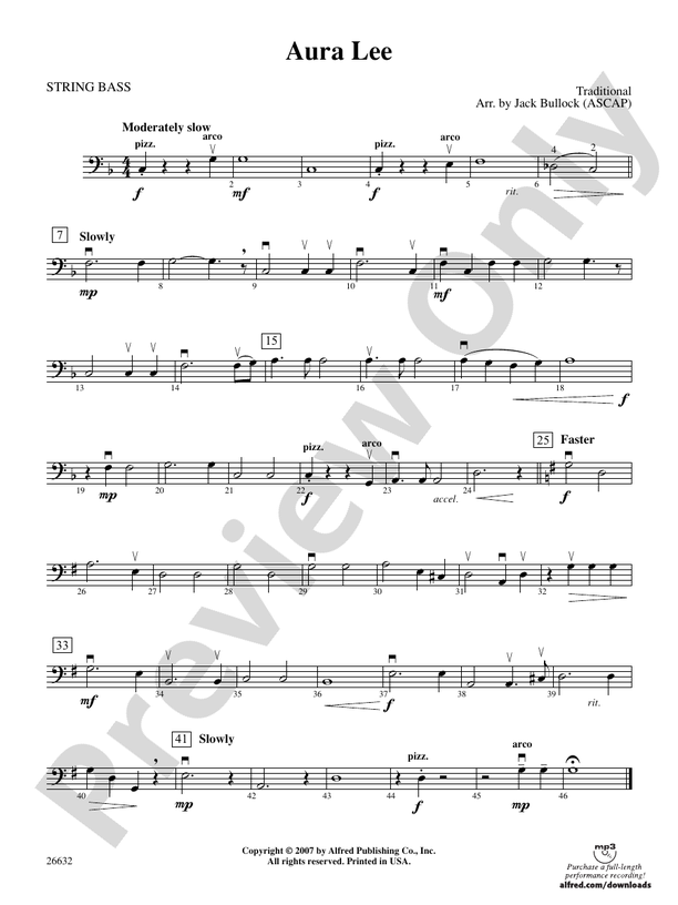 Aura Lee: String Bass: String Bass Part - Digital Sheet Music Download