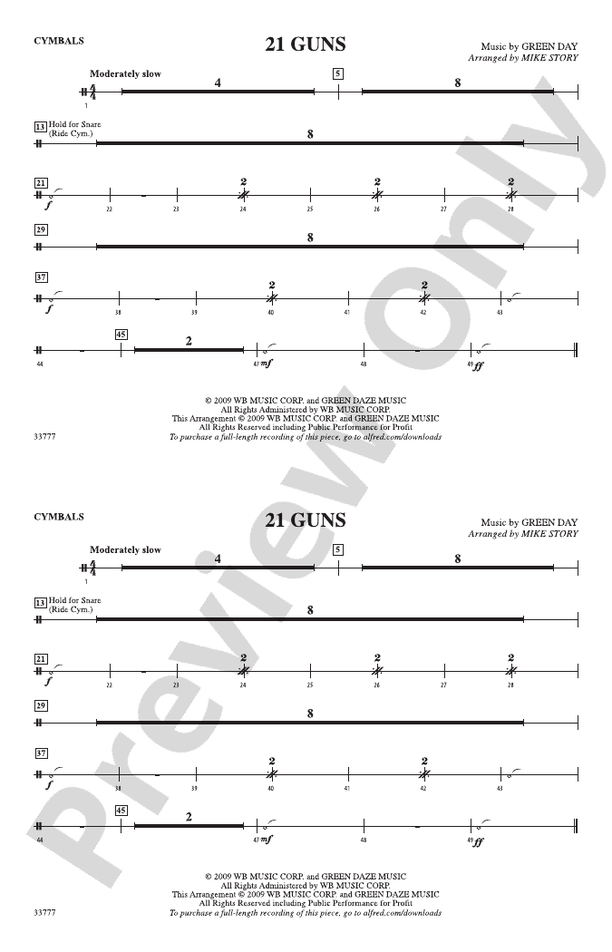 21 Guns: Cymbals: Cymbals Part - Digital Sheet Music Download