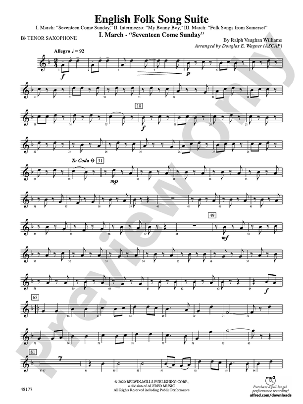 English Folk Song Suite: B-flat Tenor Saxophone: B-flat Tenor Saxophone ...
