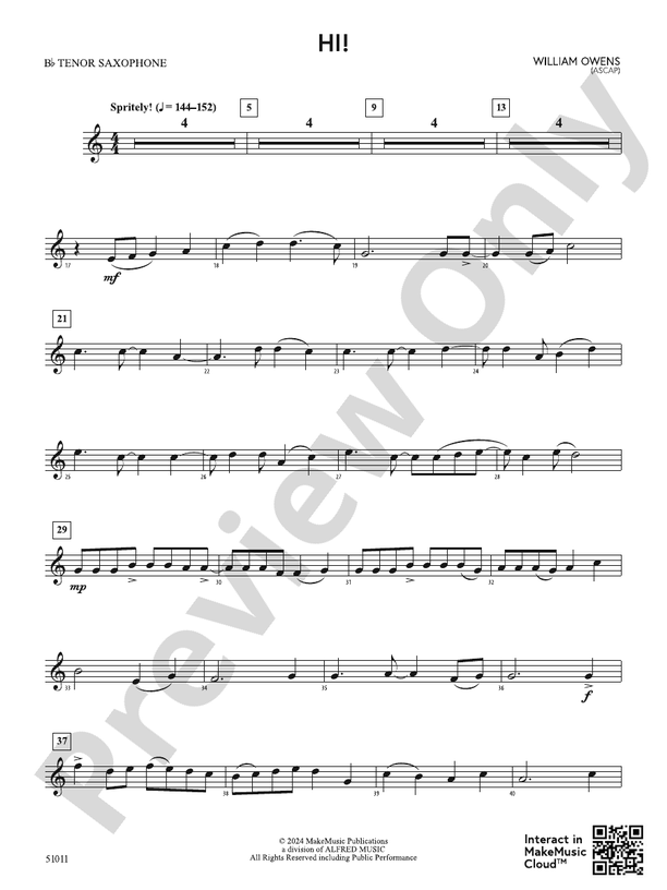 Hi!: B-flat Tenor Saxophone: B-flat Tenor Saxophone Part - Digital Sheet Music Download