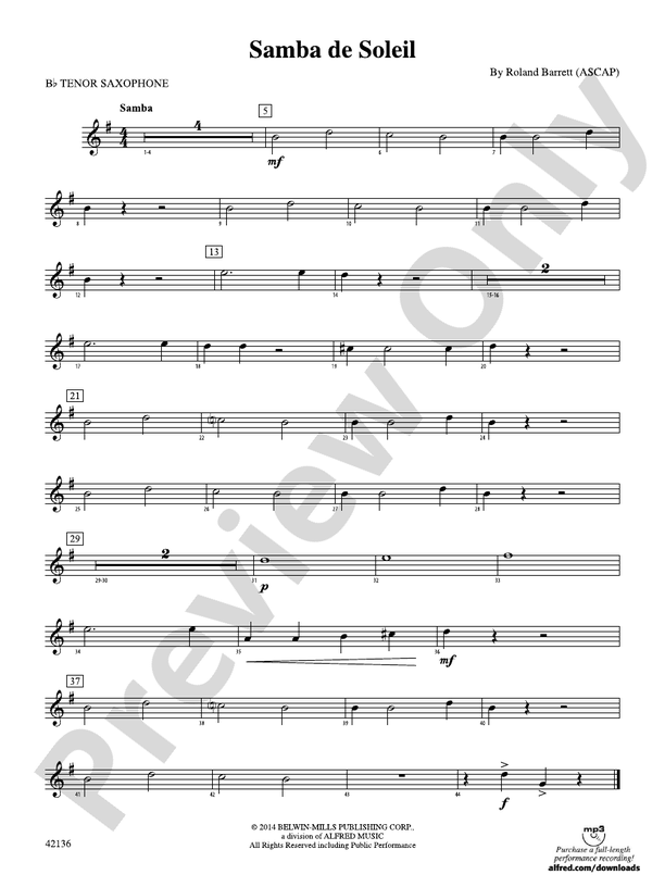 Samba De Soleil B Flat Tenor Saxophone B Flat Tenor Saxophone Part