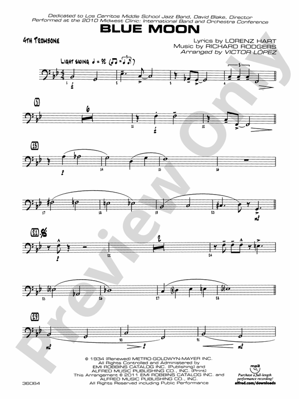 Blue Moon: 4th Trombone: 4th Trombone Part - Digital Sheet Music Download