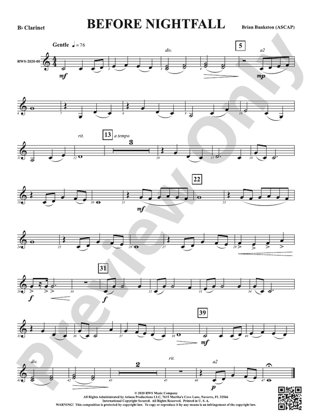Before Nightfall: 1st B-flat Clarinet: 1st B-flat Clarinet Part: Brian Bankston - Digital Sheet ...