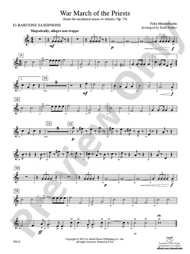 War March of the Priests: E-flat Baritone Saxophone: E-flat Baritone Saxophone Part - Digital ...