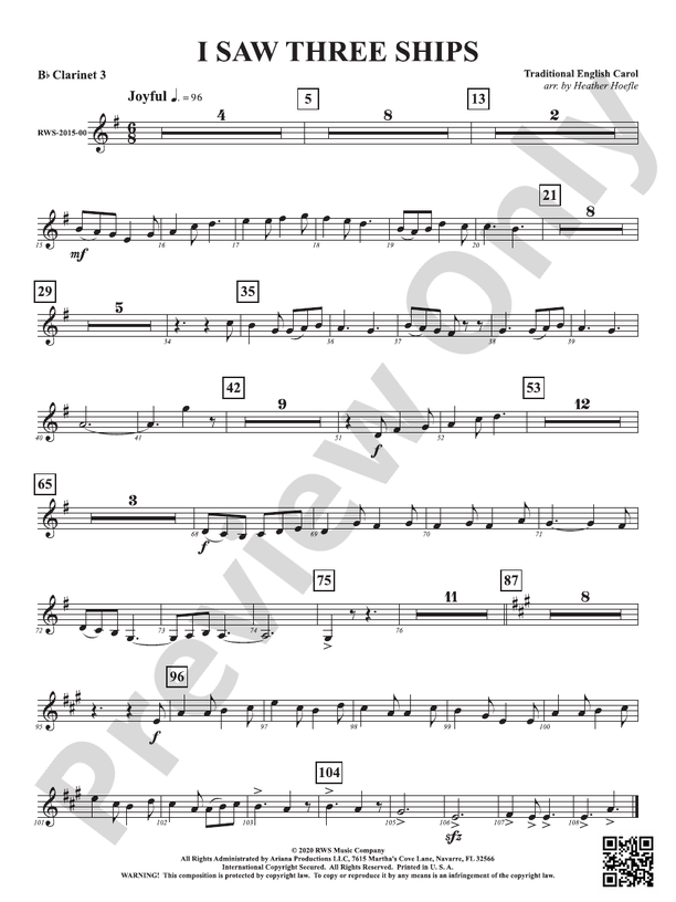 I Saw Three Ships: 3rd B-flat Clarinet: 3rd B-flat Clarinet Part ...
