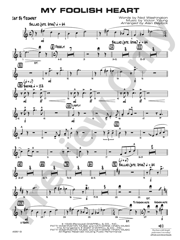 My Foolish Heart: 1st B-flat Trumpet: 1st B-flat Trumpet Part - Digital Sheet Music Download