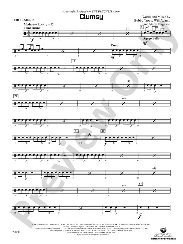 Clumsy (as recorded by Fergie on the album The Dutchess): 2nd Percussion: 2nd Percussion Part ...