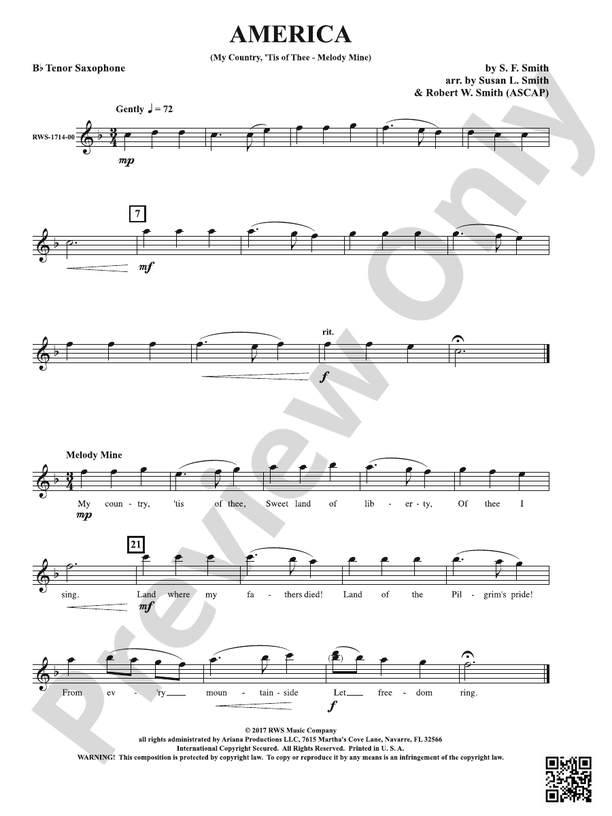 America: My Country 'Tis of Thee - Melody Mine: B-flat Tenor Saxophone ...