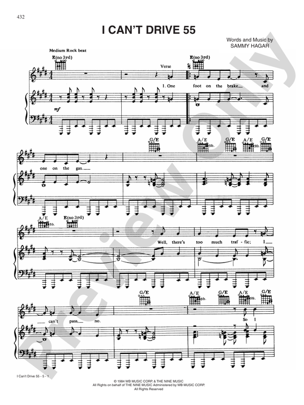 I Can't Drive 55: Piano/Vocal/Chords: Sammy Hagar - Digital Sheet Music Download