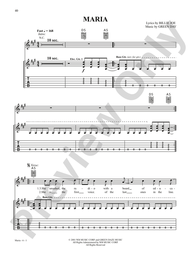 Maria: Guitar: Green Day - Digital Sheet Music Download