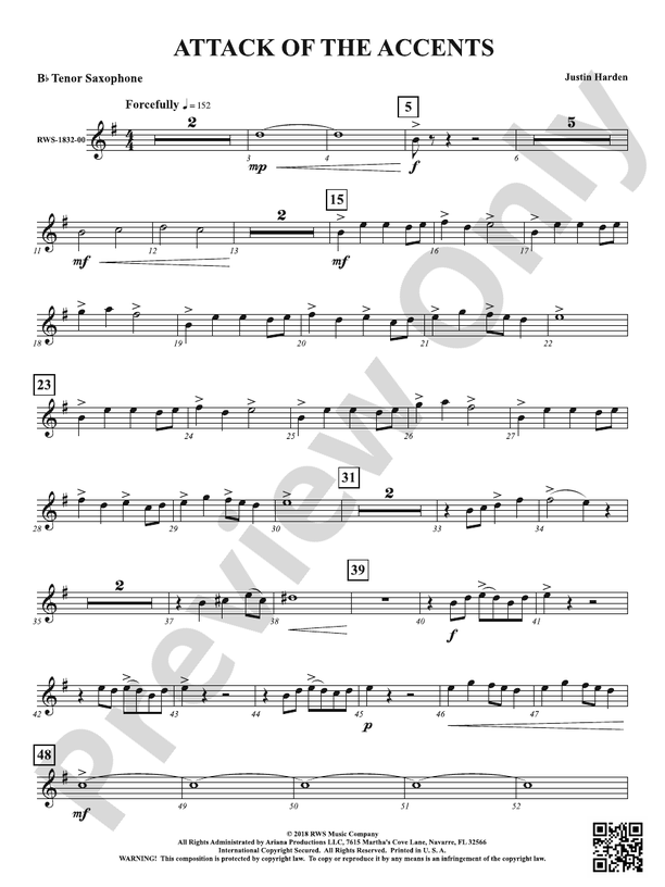 Attack of the Accents: B-flat Tenor Saxophone: B-flat Tenor Saxophone Part: Justin Harden ...