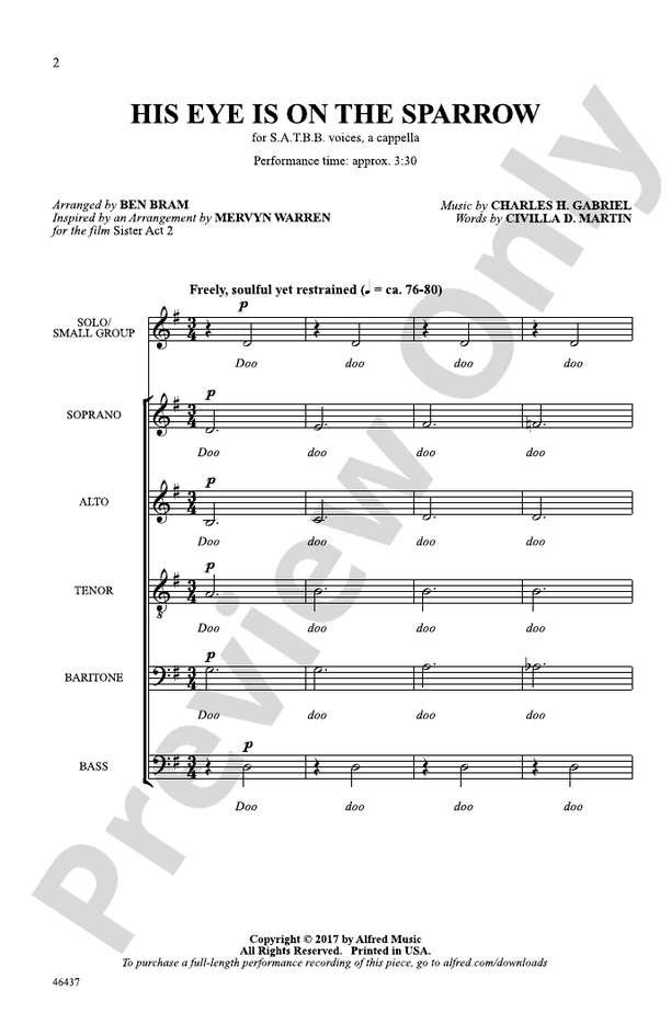 His Eye Is On the Sparrow: SATBB, a cappella Choral Octavo: Charles H. Gabriel - Digital Sheet ...