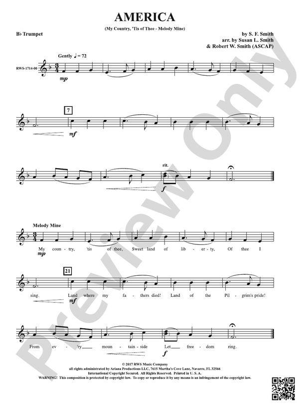 America: My Country 'Tis of Thee - Melody Mine: 1st B-flat Trumpet: 1st ...