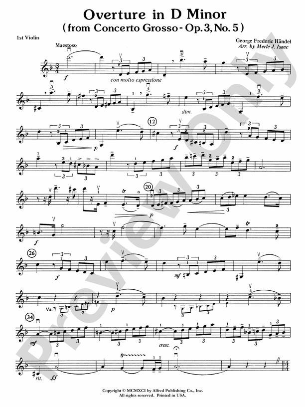 Overture in D minor (Concerto Grosso): 1st Violin: 1st Violin Part ...