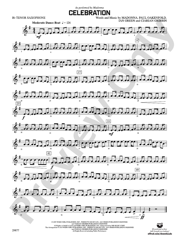 Celebration B Flat Tenor Saxophone B Flat Tenor Saxophone Part
