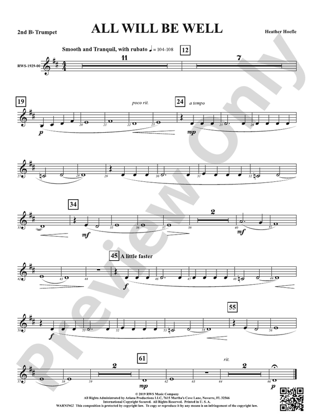 All Will Be Well: 2nd B-flat Trumpet: 2nd B-flat Trumpet Part: Heather Hoefle - Digital Sheet ...