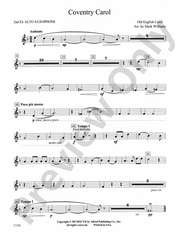 Coventry Carol: 2nd E-flat Alto Saxophone: 2nd E-flat Alto Saxophone Part - Digital Sheet Music ...