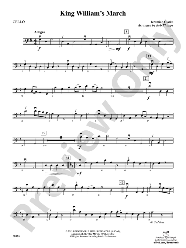 King William's March: Cello: Cello Part - Digital Sheet Music Download