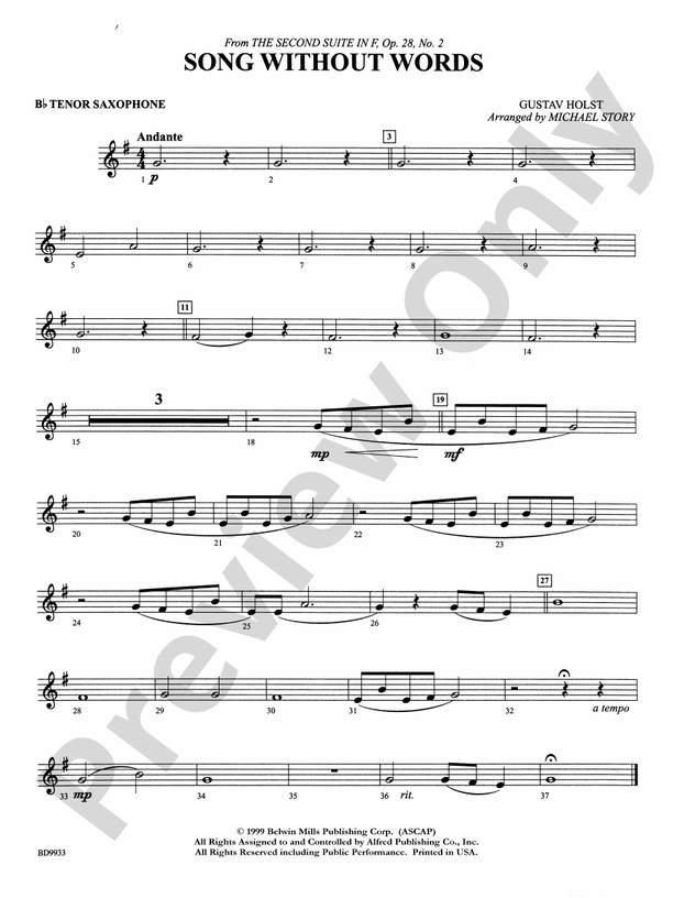 Song Without Words: B-flat Tenor Saxophone: B-flat Tenor Saxophone Part ...