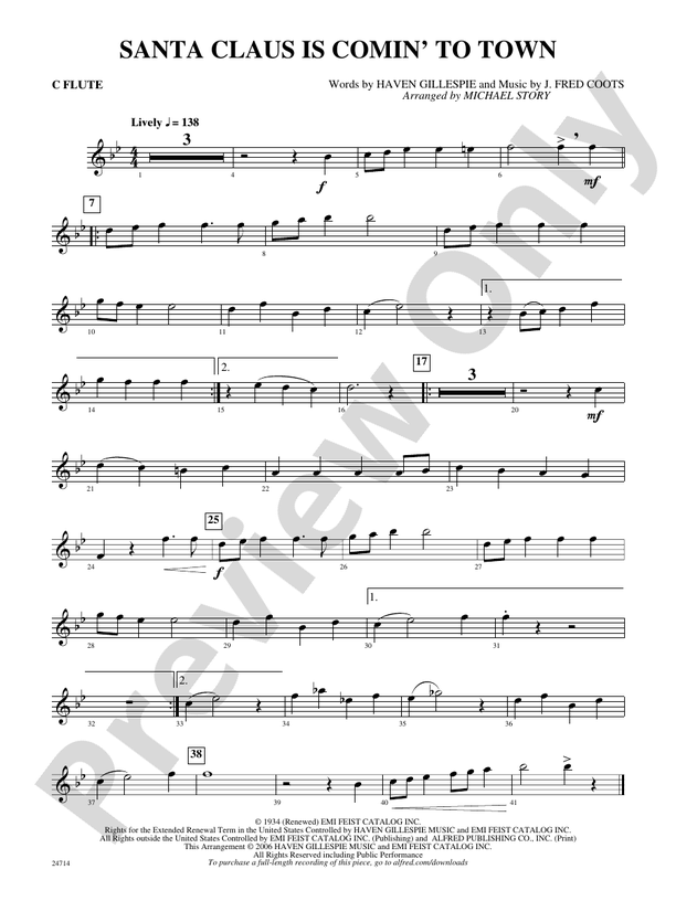 Santa Claus Is Comin' to Town: Flute: Flute Part - Digital Sheet Music ...