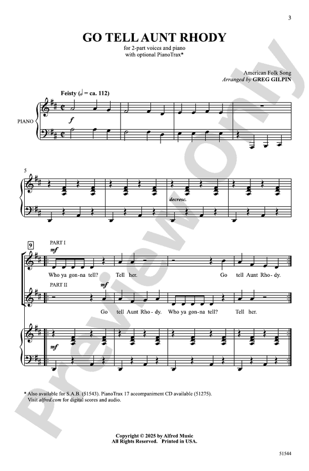 Go Tell Aunt Rhody: 2-Part Choral Octavo - Digital Sheet Music Download