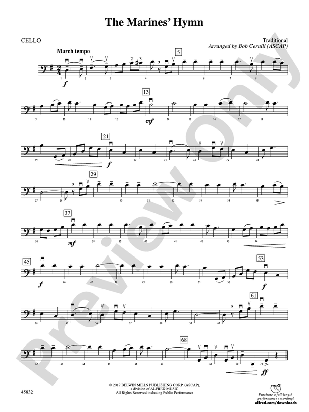 The Marines' Hymn: Cello: Cello Part - Digital Sheet Music Download