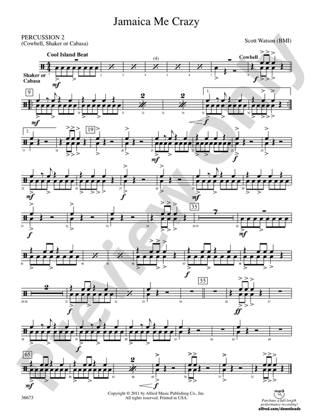 Jamaica Me Crazy: 2nd Percussion: 2nd Percussion Part - Digital Sheet ...