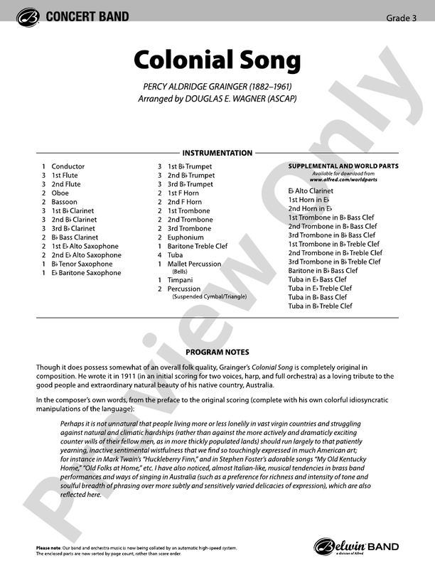 Colonial Song: Score: Concert Band Score - Digital Sheet Music Download