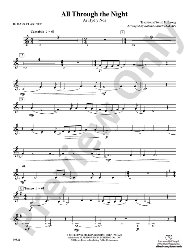 All Through the Night: B-flat Bass Clarinet: B-flat Bass Clarinet Part ...