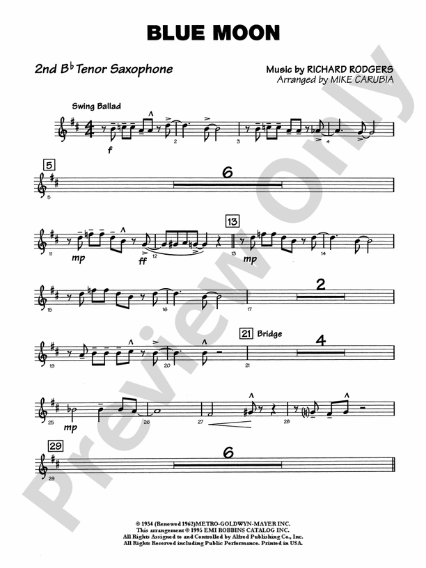 Blue Moon: 2nd B-flat Tenor Saxophone: 2nd B-flat Tenor Saxophone Part ...