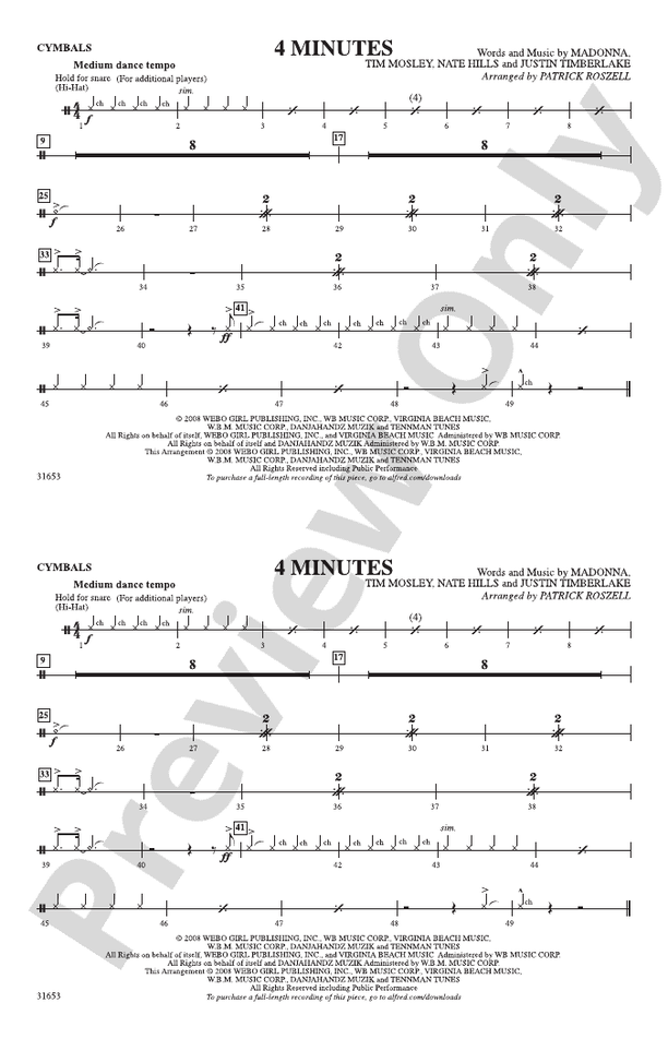 4 Minutes: Cymbals: Cymbals Part - Digital Sheet Music Download